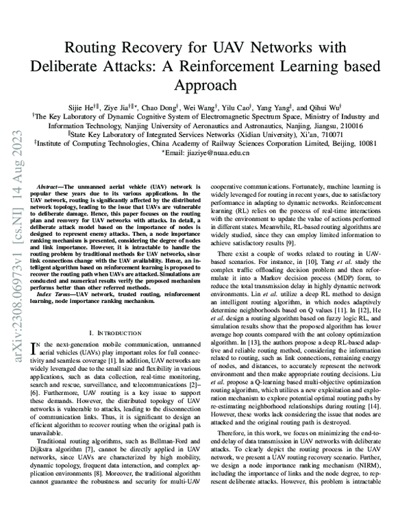 (PDF) Routing Recovery for UAV Networks with Deliberate Attacks: A Reinforcement Learning based ...