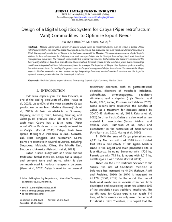 (PDF) Design of a Digital Logistics System for Cabya (Piper ...