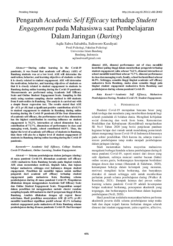 (PDF) Pengaruh Academic Self Efficacy Terhadap Student Engagement Pada Mahasiswa Selama ...