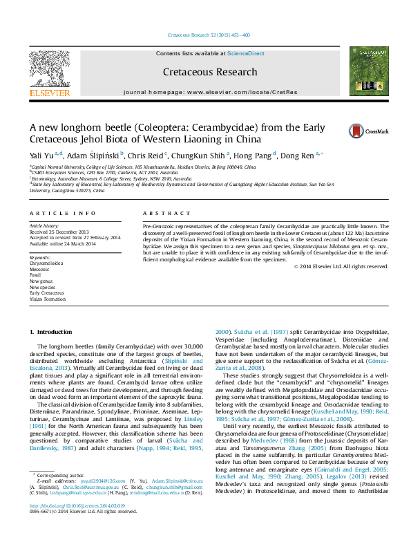 (PDF) A new longhorn beetle (Coleoptera: Cerambycidae) from the Early ...