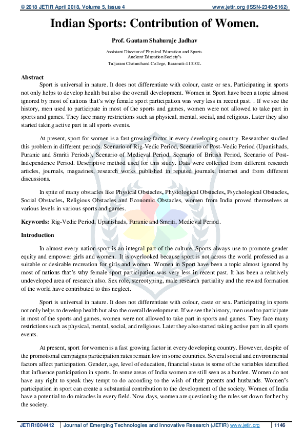 (PDF) Indian Sports: Contribution of Women