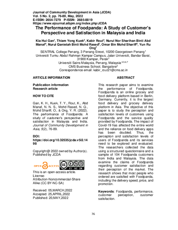 (PDF) The Performance of Foodpanda: A Study of Customer's Perspective ...