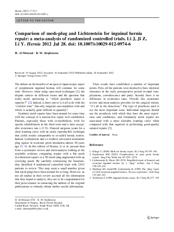 (PDF) Comparison of mesh-plug and Lichtenstein for inguinal hernia ...