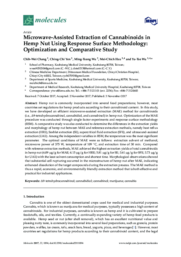 (PDF) Microwave‐assisted extraction of cannabinoids and antioxidants from Cannabis sativa aerial ...