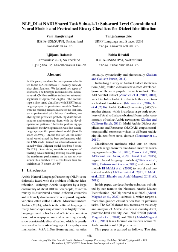 Pdf Nlp Di At Nadi Shared Task Subtask 1 Sub Word Level Convolutional Neural Models And Pre