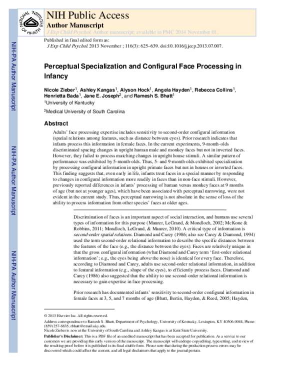 (PDF) Perceptual specialization and configural face processing in infancy