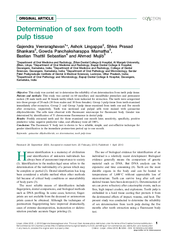 Pdf Determination Of Sex From Tooth Pulp Tissue