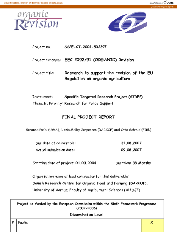 (PDF) Final project report: EEC 2092/91 (ORGANIC) Revision
