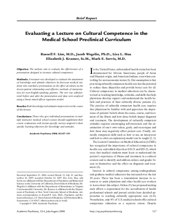 (PDF) Evaluating a Lecture on Cultural Competence in the Medical School Preclinical Curriculum