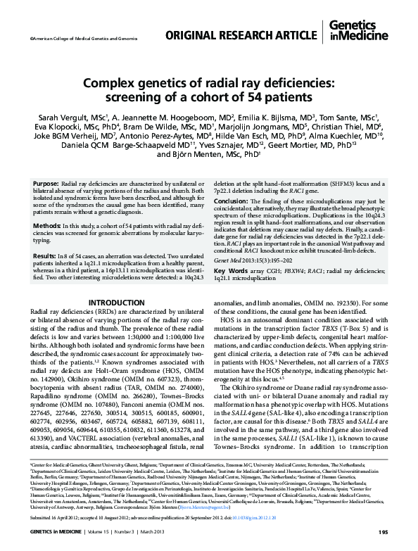 (PDF) Complex genetics of radial ray deficiencies: screening of a ...