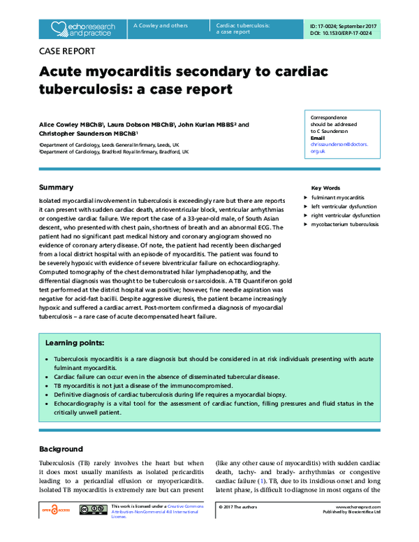 (PDF) Acute myocarditis secondary to cardiac tuberculosis: a case report