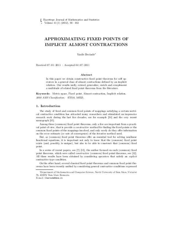 Pdf Approximating Fixed Points Of Implicit Almost Contractions Full Text