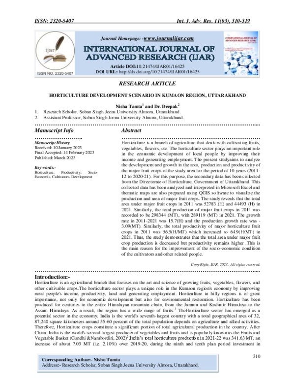(PDF) Horticulture Development Scenario in Kumaon Region, Uttarakhand