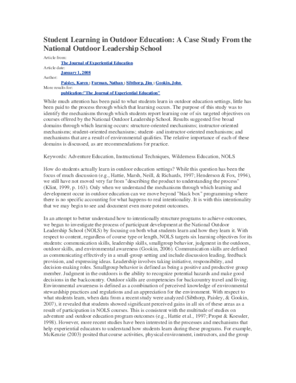 (PDF) Student Learning in Outdoor Education: A Case Study from the ...
