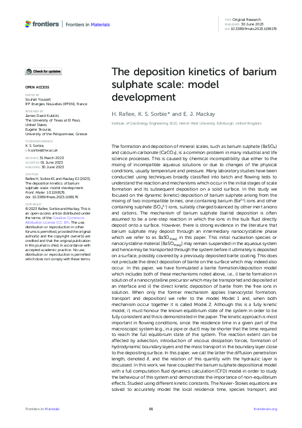 (PDF) The deposition kinetics of barium sulphate scale: model development