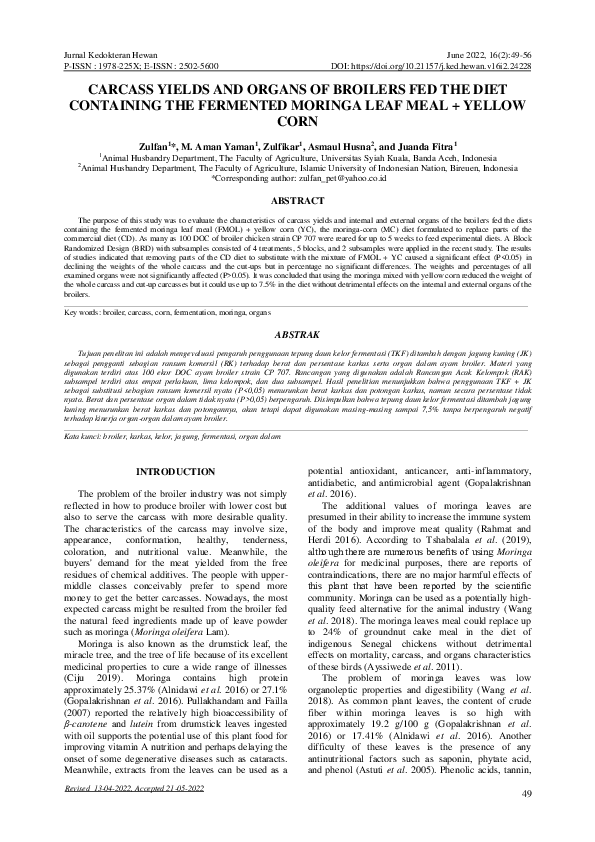(PDF) Carcass Yields and Organs of Broilers Fed the Diet Containing the ...