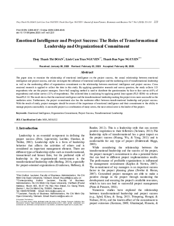 (PDF) Emotional Intelligence and Project Success: The Roles of Transformational Leadership and ...