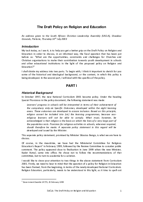 (PDF) The Draft Policy on Religion and Education (SACLA)