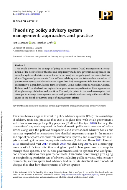 (PDF) Theorising policy advisory system management: approaches and practice