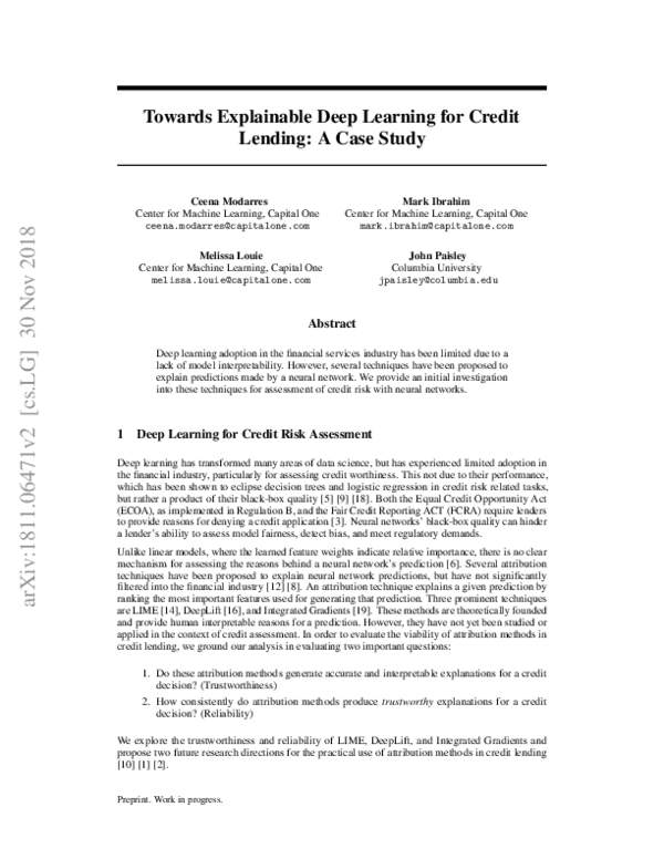(PDF) Towards Explainable Deep Learning for Credit Lending: A Case Study