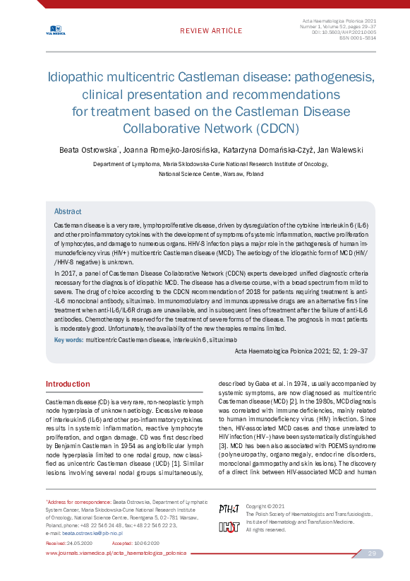 (PDF) Idiopathic multicentric Castleman disease: pathogenesis, clinical ...