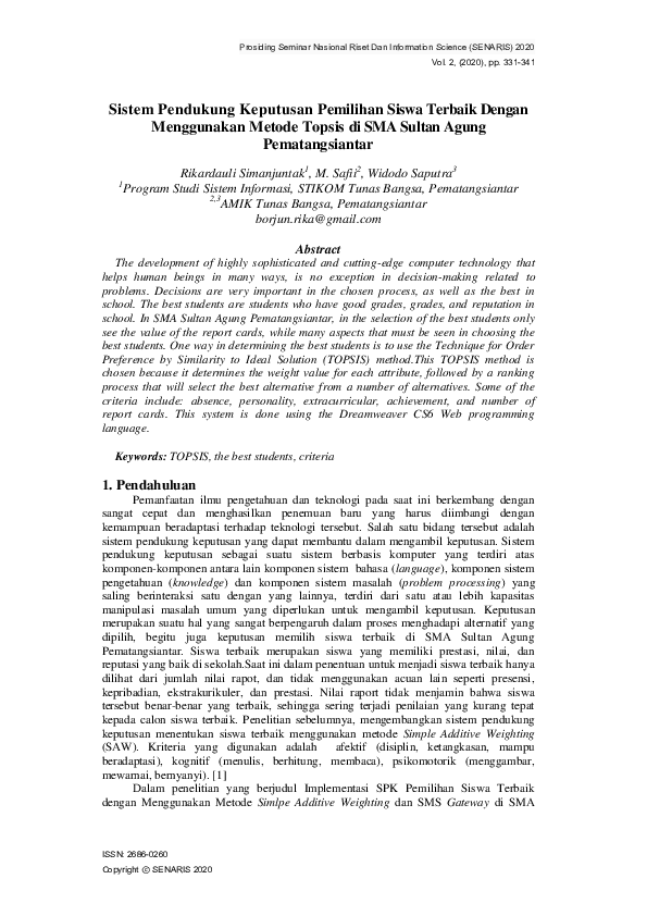 (PDF) Sistem Pendukung Keputusan Pemilihan Siswa Terbaik Dengan Menggunakan Metode Topsis di SMA ...