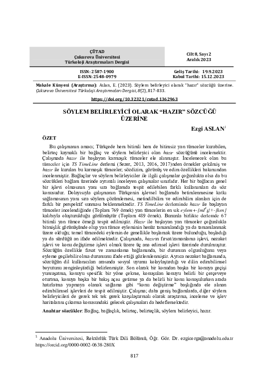 (PDF) SÖYLEM BELİRLEYİCİ OLARAK “HAZIR” SÖZCÜĞÜ ÜZERİNE