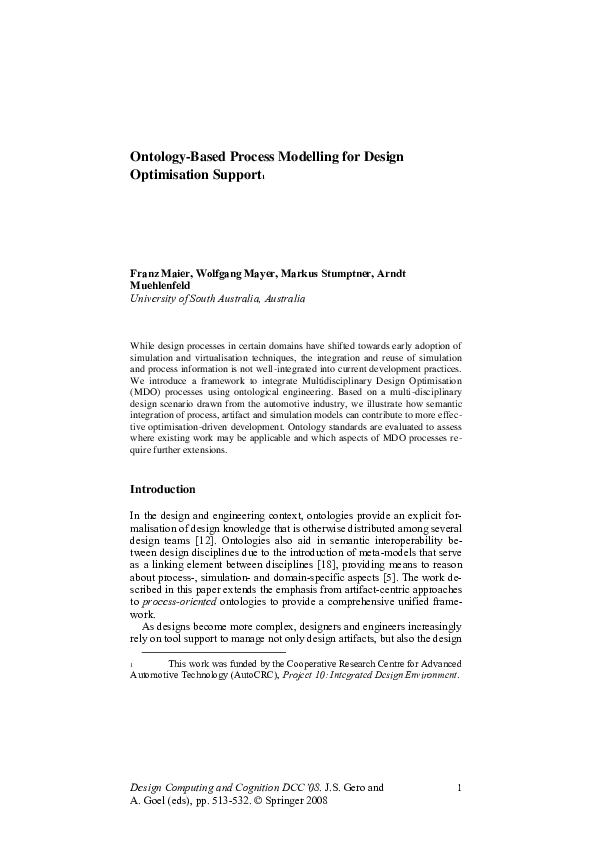 (PDF) Ontology-Based Process Modelling for Design Optimisation Support | Markus Stumptner ...