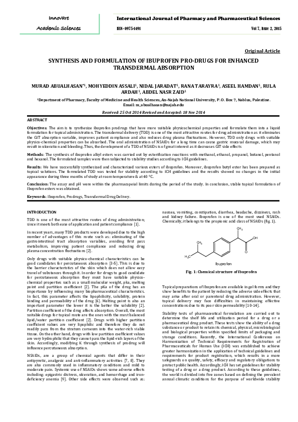 (PDF) SYNTHESIS AND FORMULATION OF IBUPROFEN PRO-DRUGS FOR ENHANCED ...
