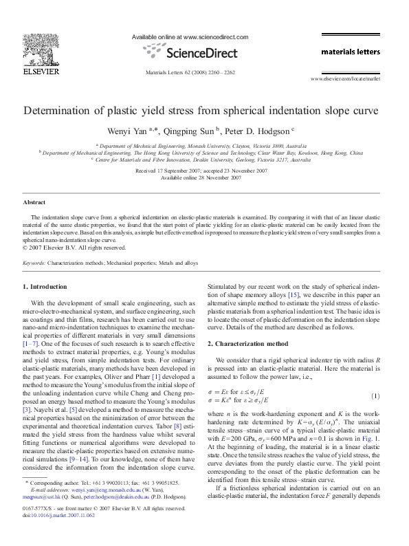 (PDF) Determination of plastic yield stress from spherical indentation ...