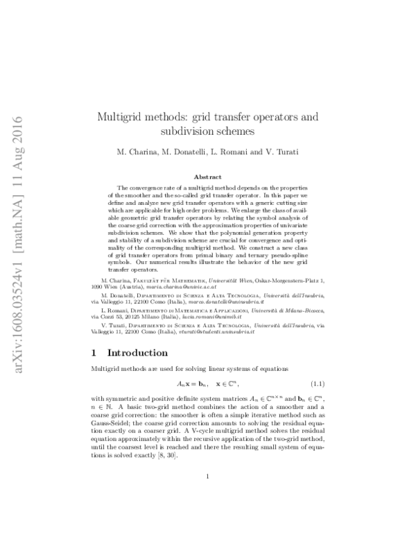 Pdf Multigrid Methods Grid Transfer Operators And Subdivision Schemes Marco Donatelli