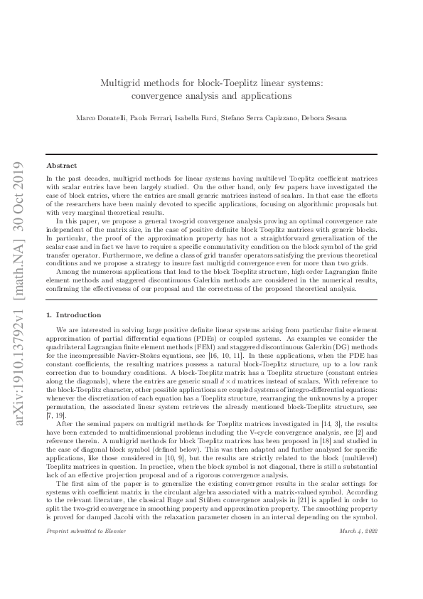 (PDF) Multigrid methods for block‐Toeplitz linear systems: convergence ...