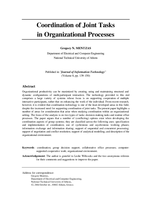 (PDF) Coordination of joint tasks in organizational processes