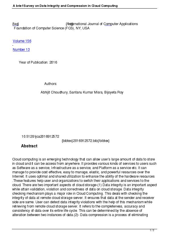 Pdf A Brief Survey On Data Integrity And Compression In Cloud Computing