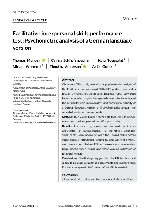 (PDF) Facilitative interpersonal skills performance test: Psychometric ...