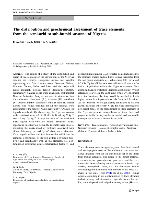 (PDF) The distribution and geochemical assessment of trace elements from the semi-arid to sub ...
