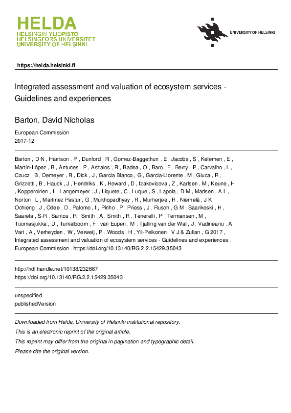(PDF) Integrated assessment and valuation of ecosystem services ...