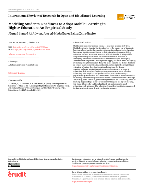 (PDF) Modeling Students’ Readiness to Adopt Mobile Learning in Higher Education: An Empirical Study