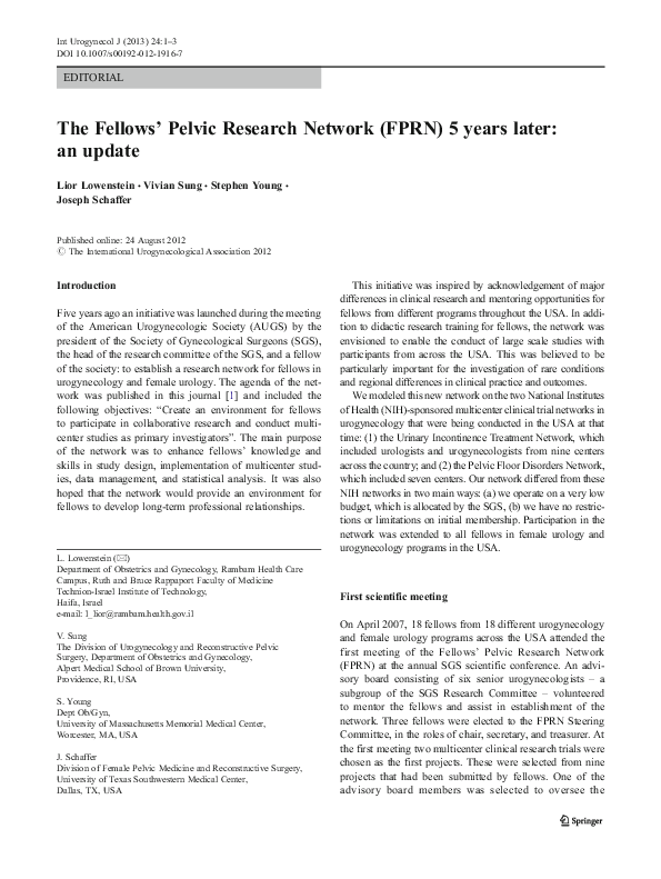 (PDF) The Fellows’ Pelvic Research Network (FPRN) 5 years later: an update