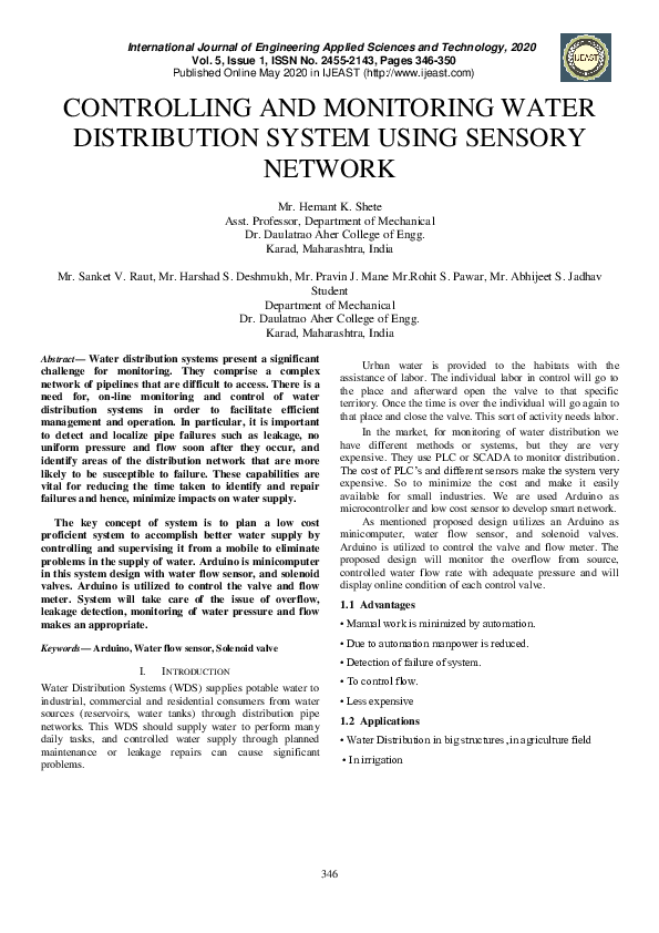 (PDF) Controlling and Monitoring Water Distribution System Using Sensory Network