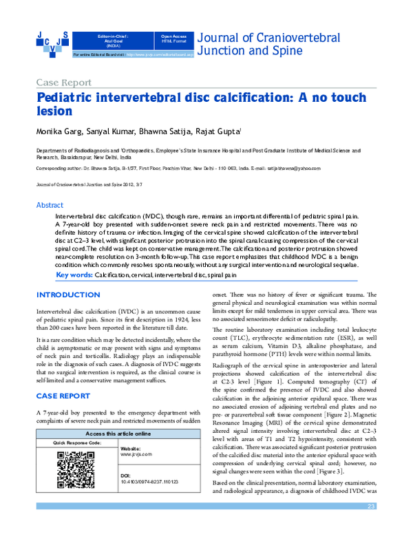 (PDF) Pediatric intervertebral disc calcification: A no touch lesion