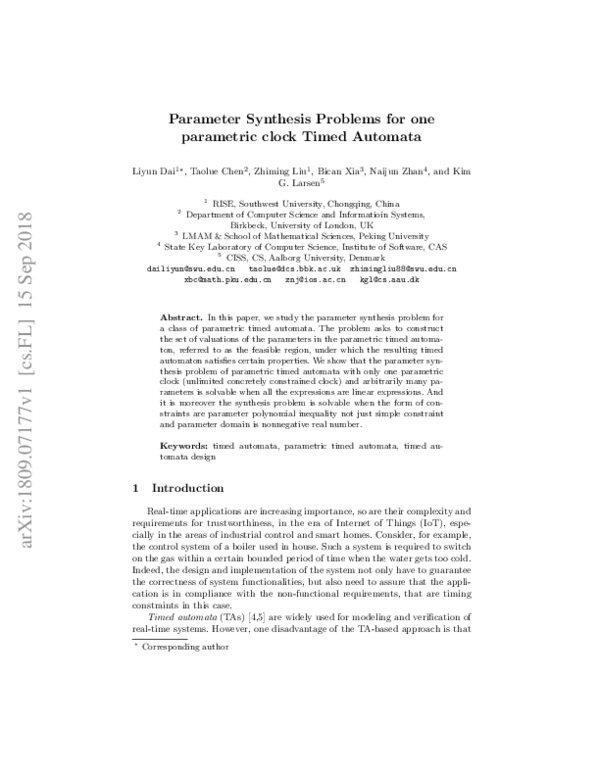 Pdf Parameter Synthesis Problems For One Parametric Clock Timed Automata Zhiming Liu
