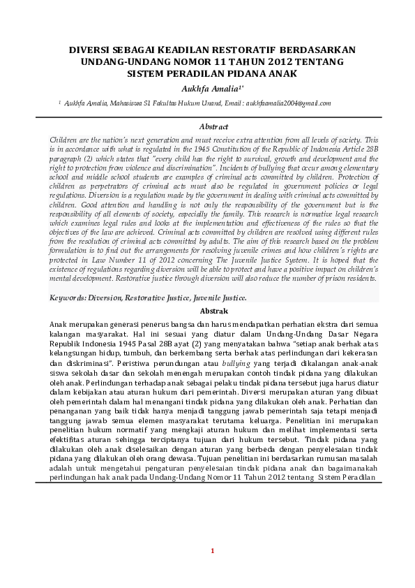 (PDF) DIVERSI SEBAGAI KEADILAN RESTORATIF BERDASARKAN UNDANG-UNDANG NOMOR 11 TAHUN 2012 TENTANG ...