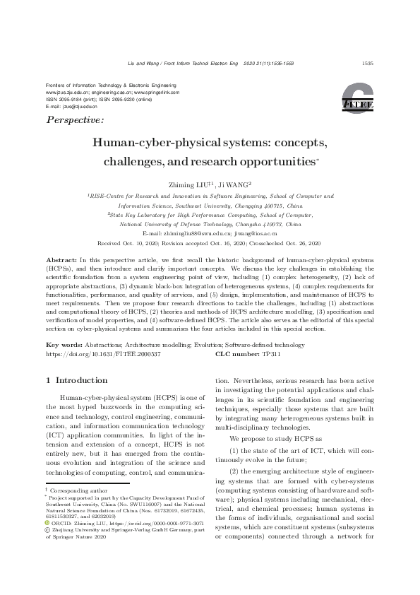 Pdf Human Cyber Physical Systems Concepts Challenges And Research Opportunities 