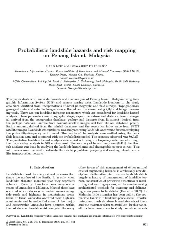 (PDF) Probabilistic landslide hazards and risk mapping on Penang Island, Malaysia
