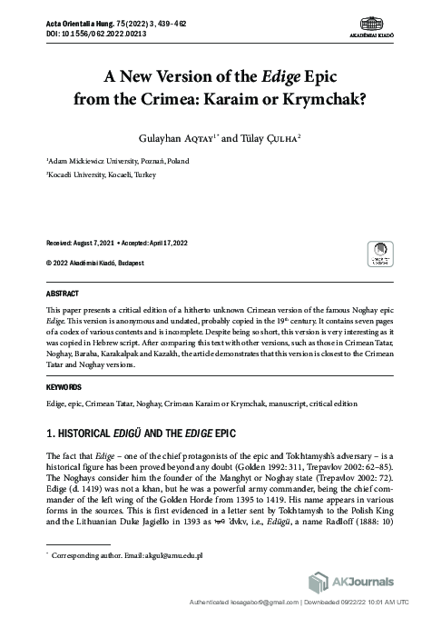 (PDF) A New Version of the Edige Epic from the Crimea: Karaim or ...