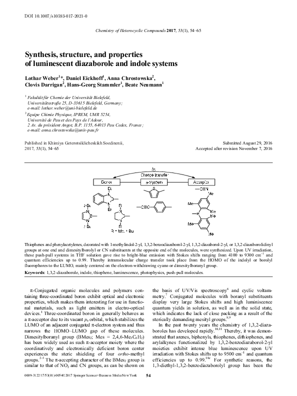 (PDF) Synthesis, structure, and properties of luminescent diazaborole and indole systems