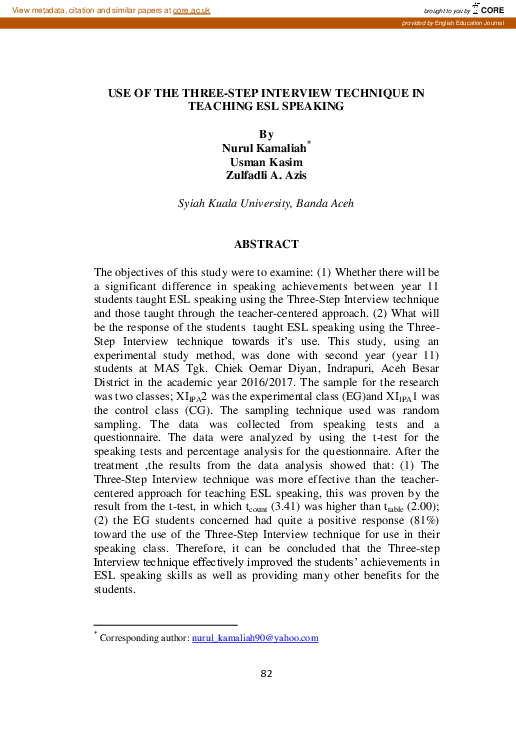 (PDF) Use of The Three-Step Interview Technique in Teaching ESL Speaking