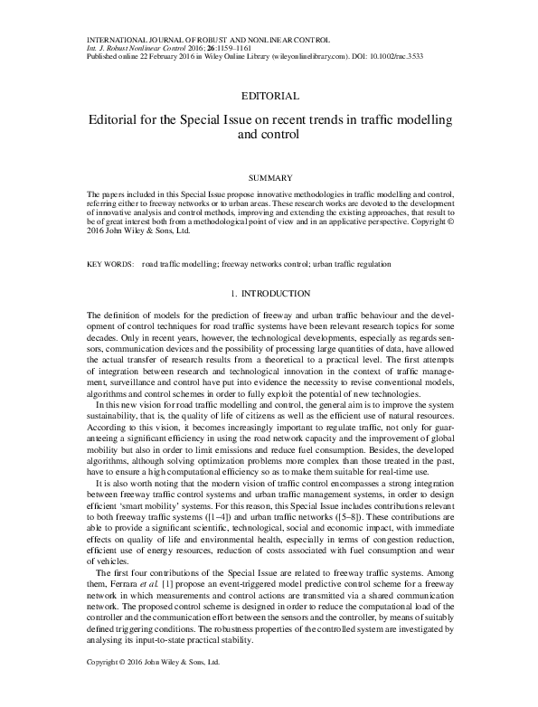 (PDF) Editorial for the Special Issue on recent trends in traffic modelling and control ...