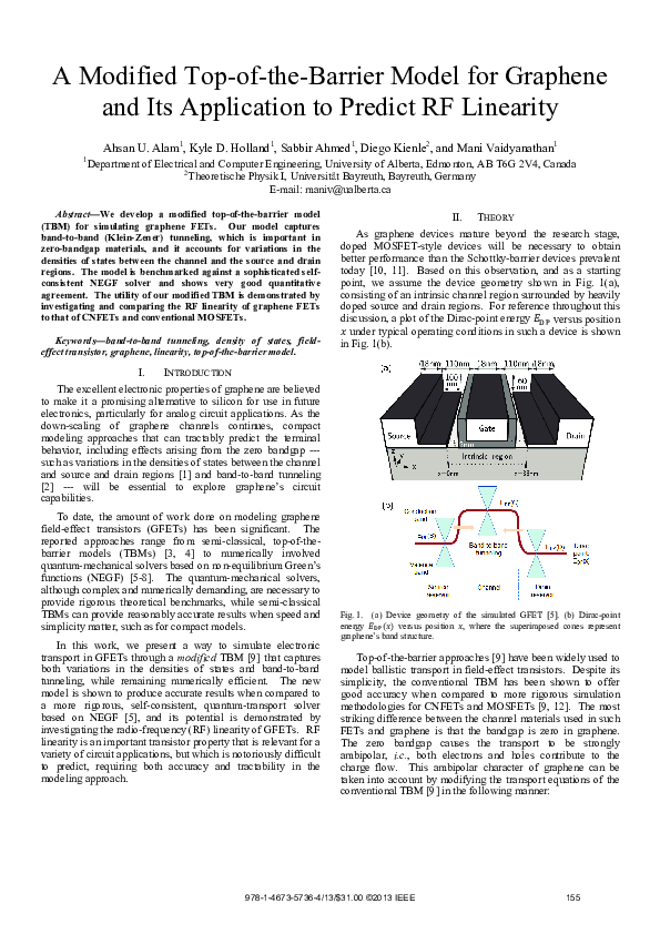 (PDF) A modified top-of-the-barrier model for graphene and its application to predict RF linearity